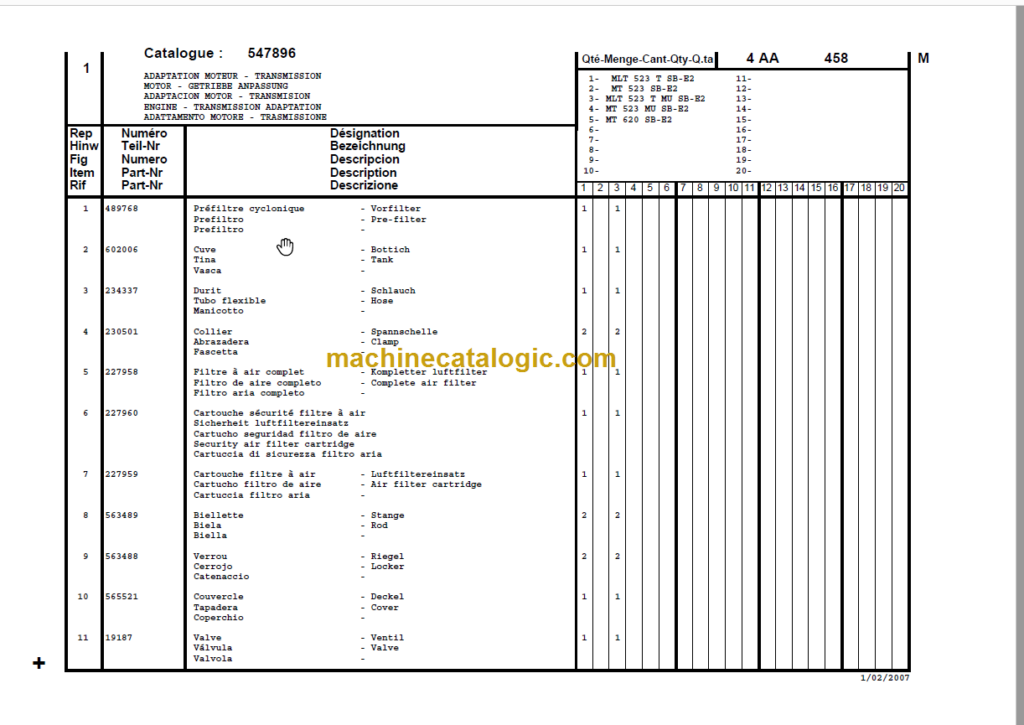Manitou MLT 523T Mono-Ultra SB-E2 PARTS MANUAL – Machine Catalogic