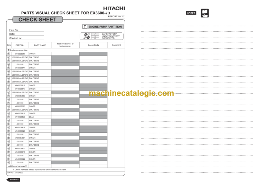 Hitachi EX3600-7B PARTS VISUAL CHECK SHEET (MTU Tier4 Final Engine ...