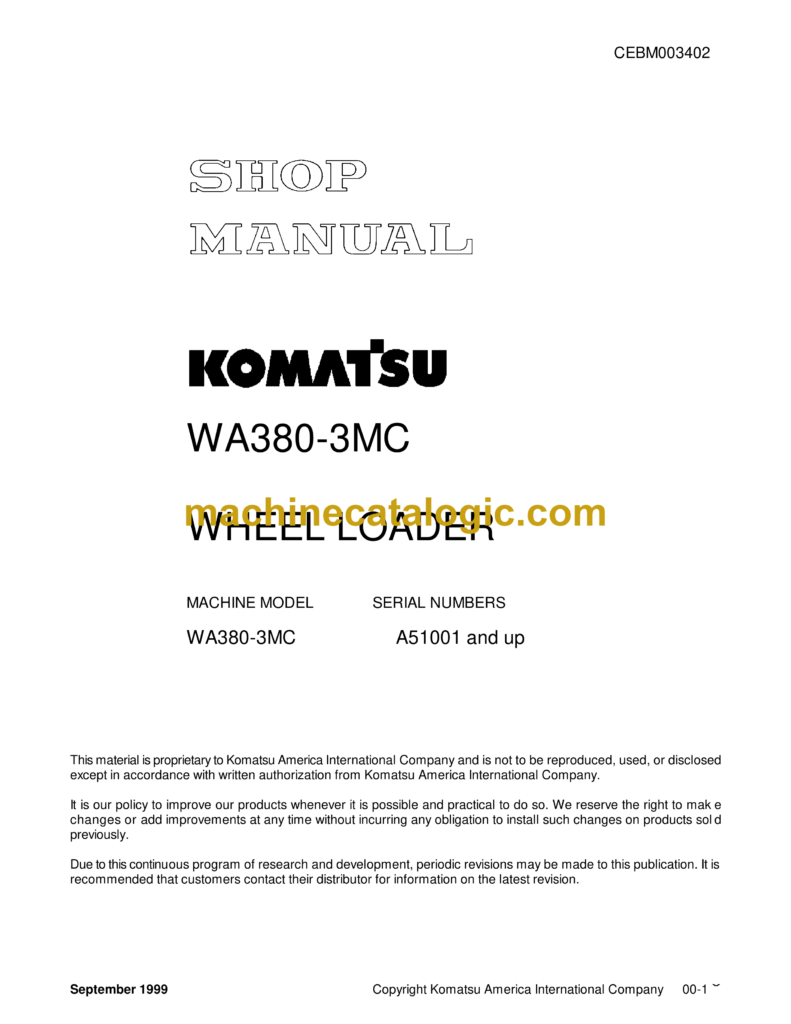 Komatsu WA380-3MC Wheel Loader Shop Manual (CEBM003402) – Machine Catalogic