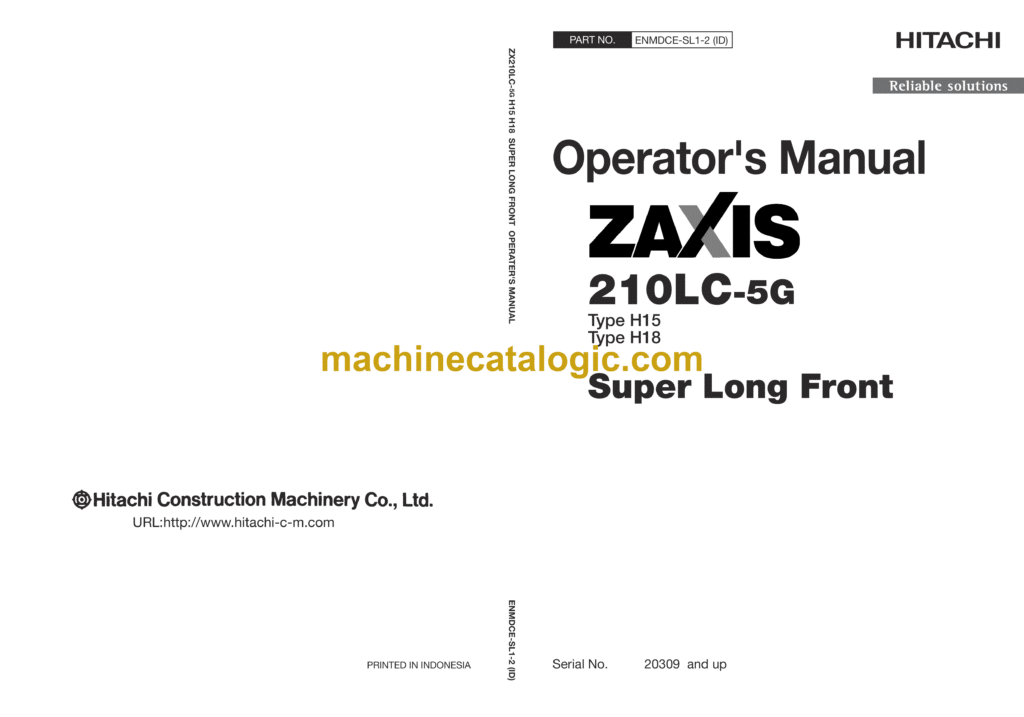 Hitachi ZX210LC-5G Type H15 Type H18 Super Long Front Operator's Manual ...