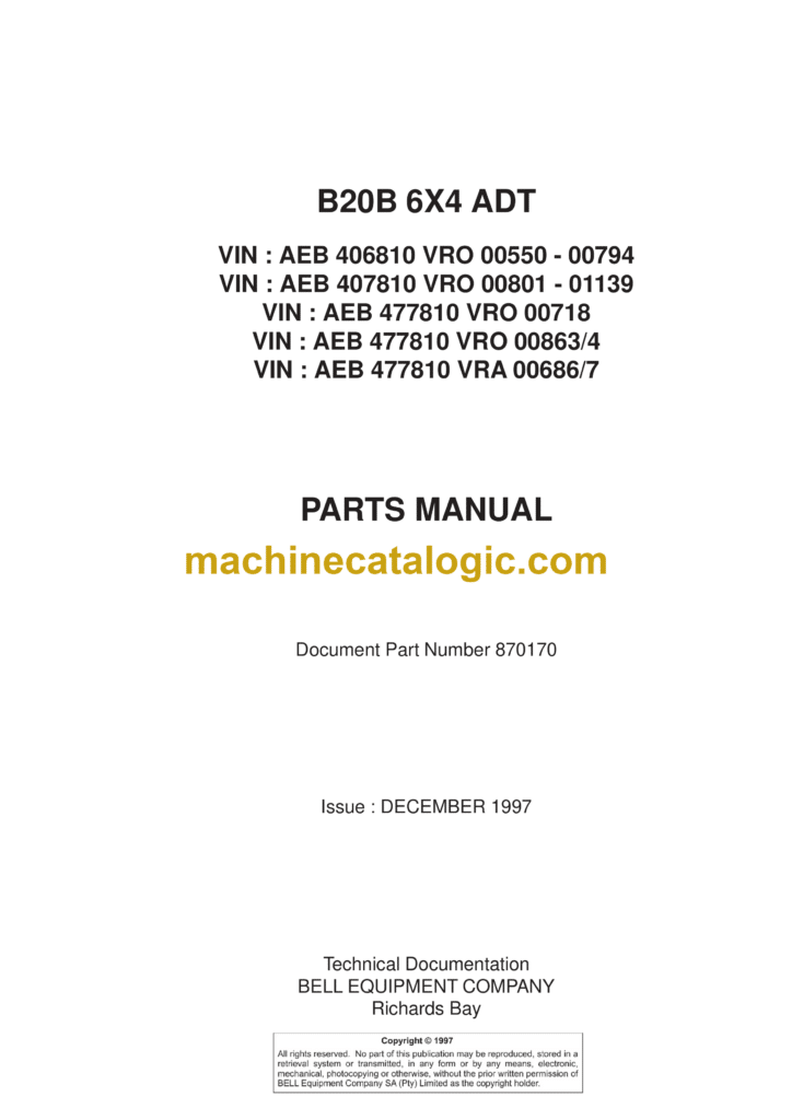 Bell B20B 6X4 ADT Articulated Dump Truck Parts Manual (870170, December ...