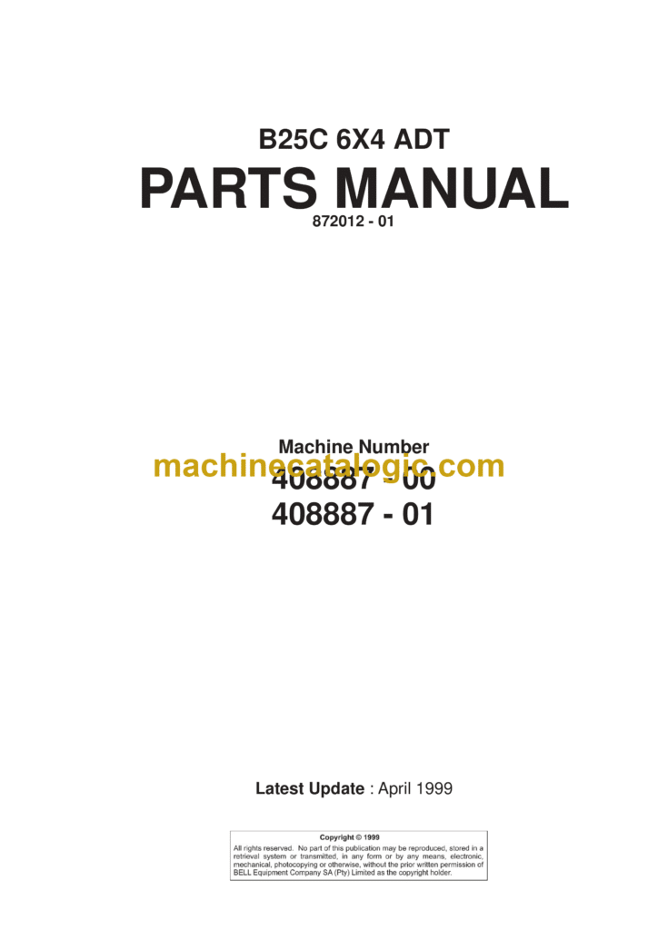 Bell B25C 6X4 ADT Articulated Dump Truck Parts Manual (872012-01, -2 ...