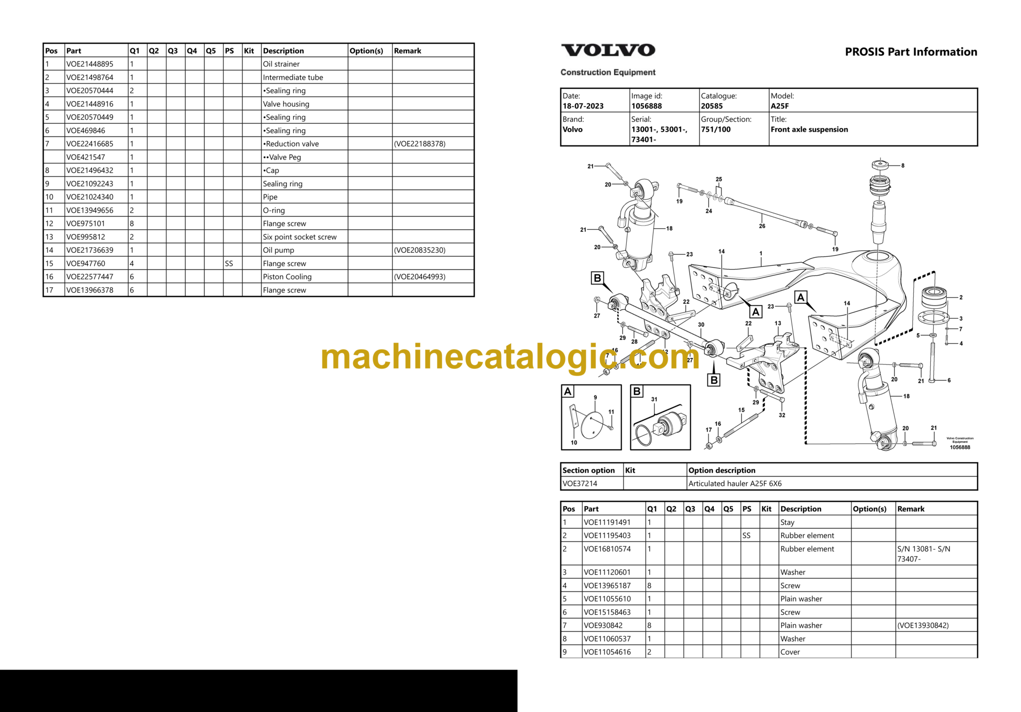 Volvo A25f Articulated Hauler Dump Truck Parts Manual Machine Catalogic