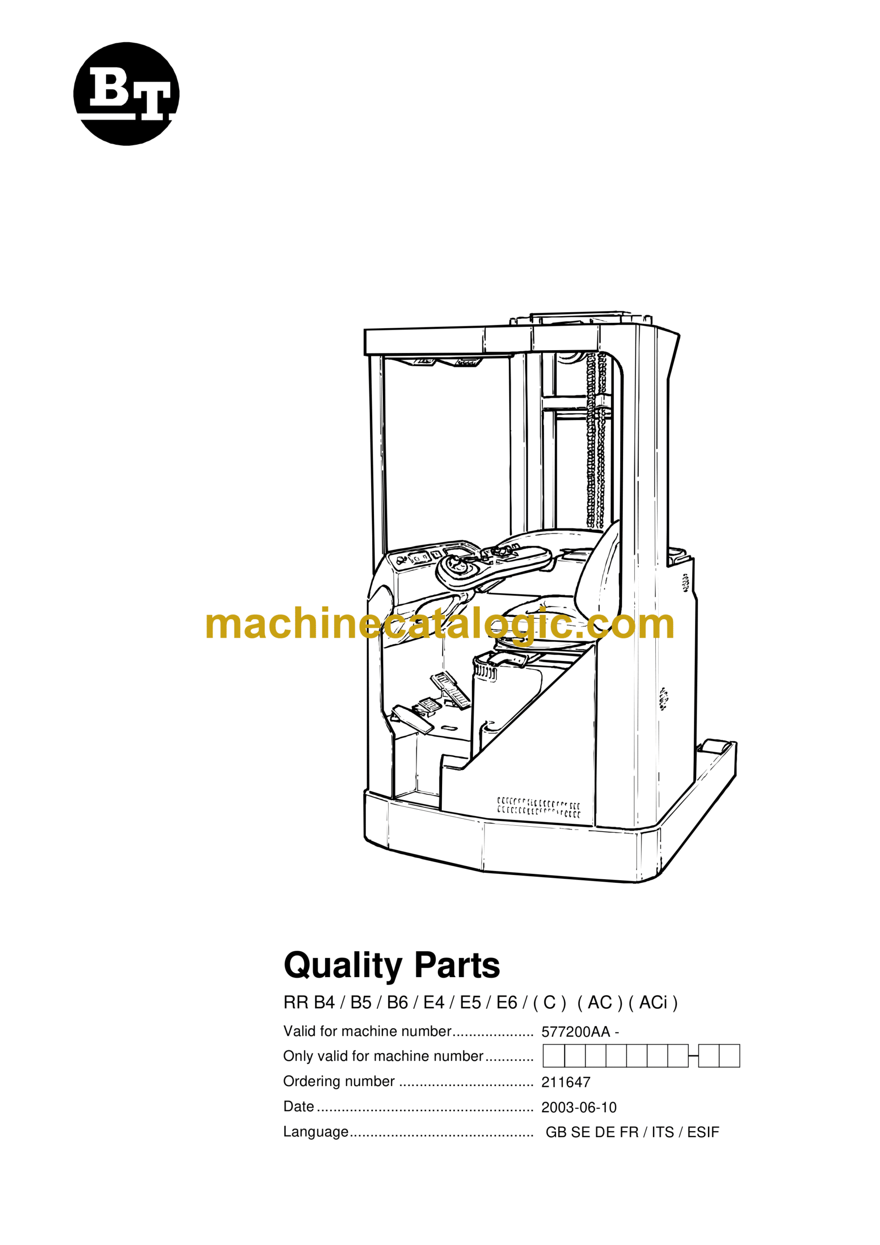 BT RR B4, B5, B6, E4, E5, E6, C, AC, ACi Reach Truck Quality Parts Manual – Machine Catalogic