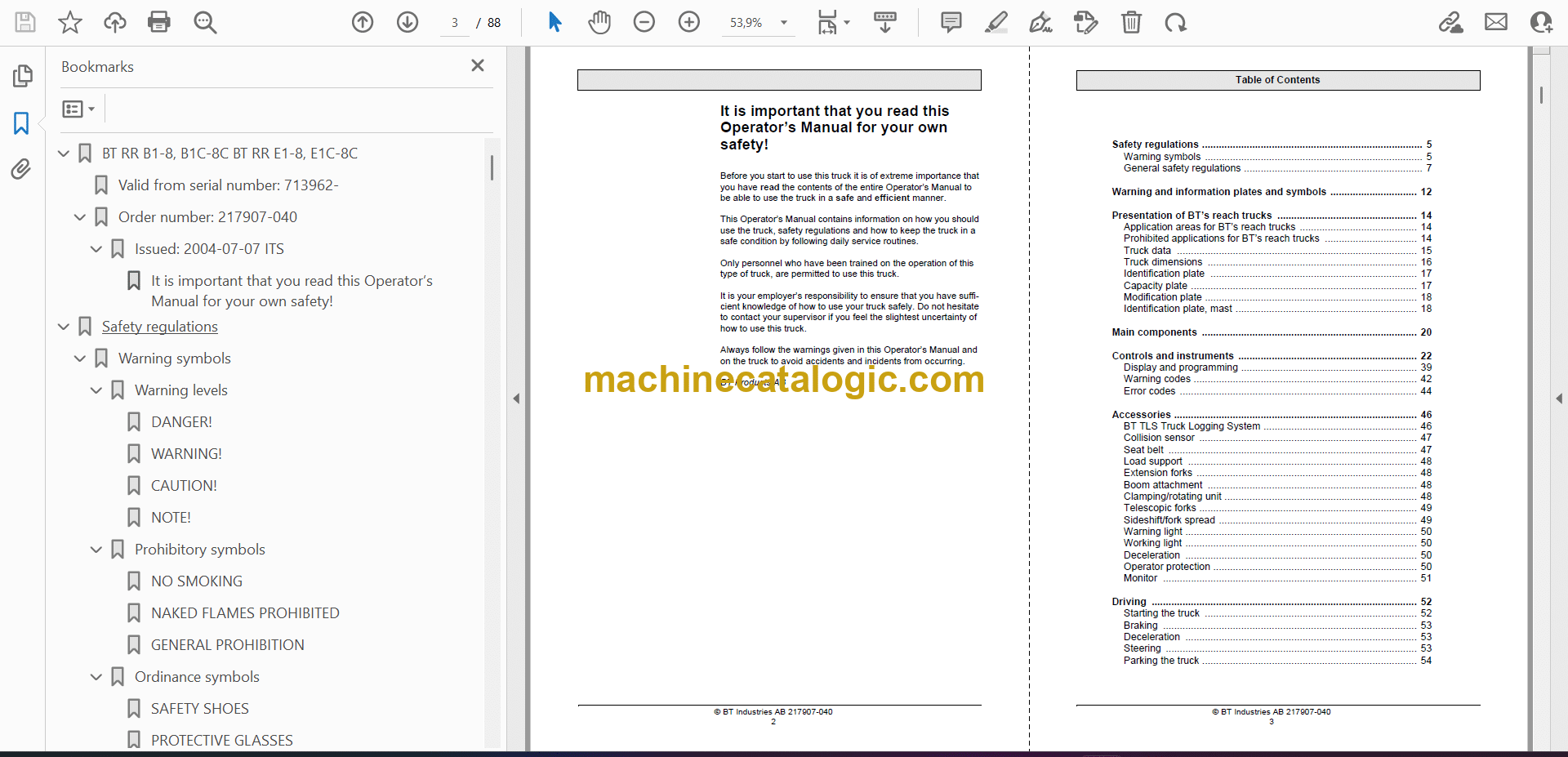 BT RR B1-8, B1C-8C, RR E1-8, E1C-8C Reach Truck Operators Manual – Machine Catalogic