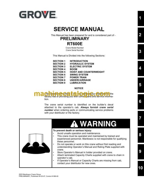 Grove RT600E Preliminary Crane Service Manual – Machine Catalogic
