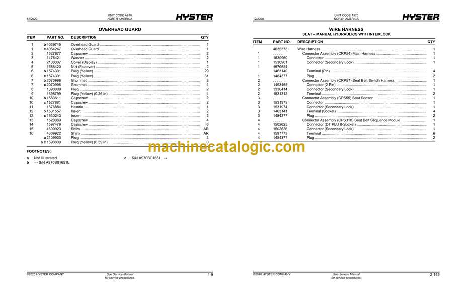 Hyster J80XN, J90XN, J100XN, J100XLN, J110XN, J120XN (A970) Forklift Parts Manual – Machine ...