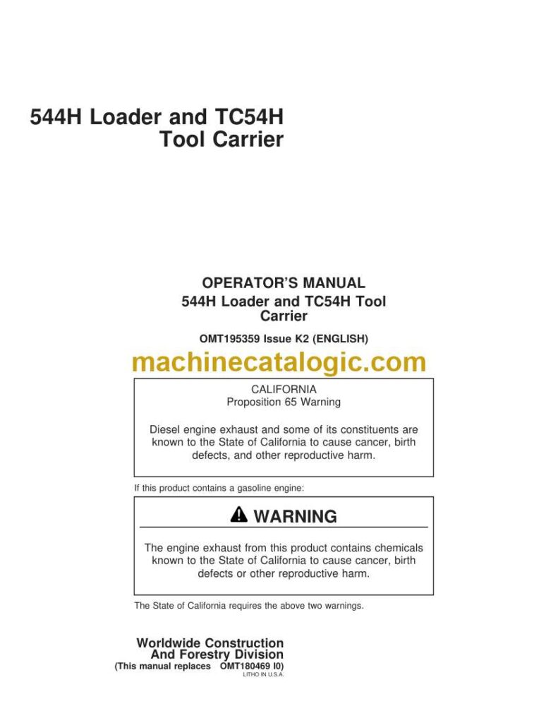 John Deere 544H Loader and TC54H Tool Carrier Operator Manual (OMT195359)