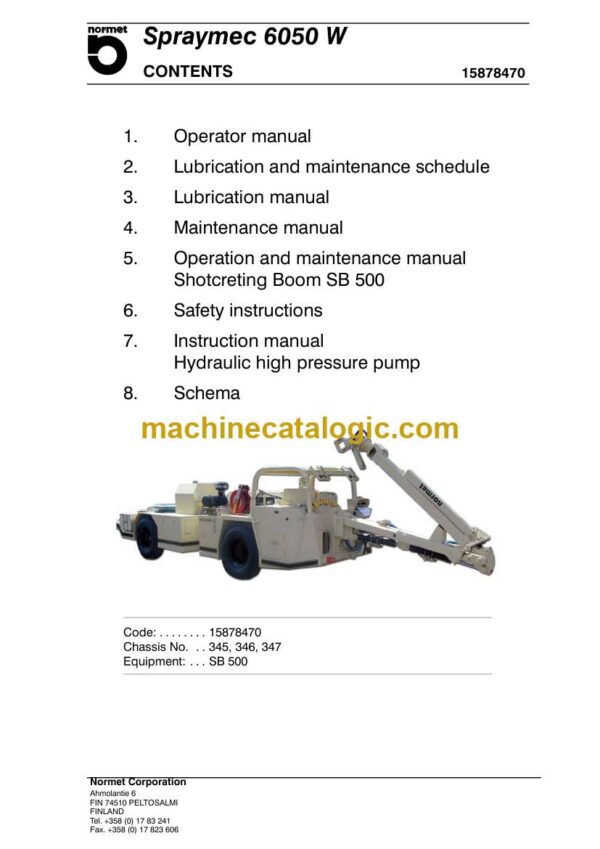 Normet Spraymec 6050W Operator, Lubrication, Maintenance Manual