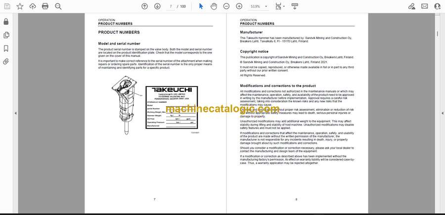 Takeuchi TKB802-S Hydraulic Hammer Service Manual – Machine Catalogic