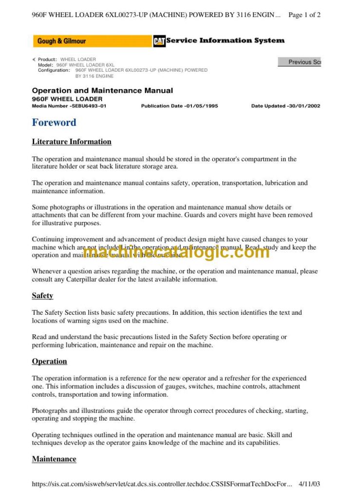 Cat SWL960F 6XL Wheel Loader Operation and Maintenance Manual – Machine ...